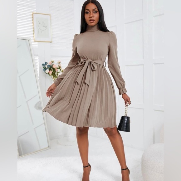 Gemeyes | Dresses | Belted Pleaded Turtle Neck Brunch Dress | Poshmark